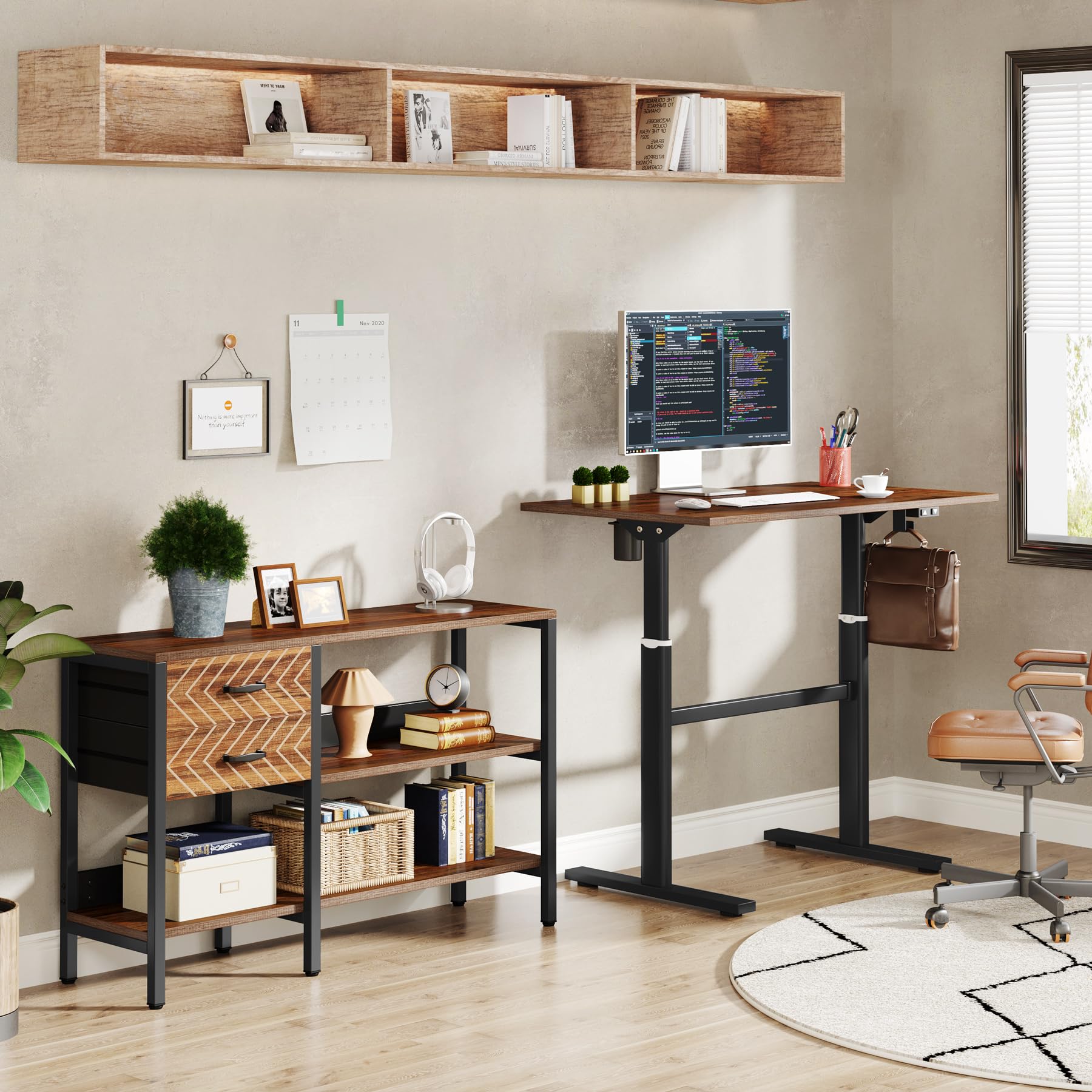 Tribesigns L Shaped Standing Desk with Storage Drawers, Height Adjustable Electric Standing Desk with Shelves & Hooks, Ergonomic Sit Stand Up Computer Desk Workstation for Home Office,Brown