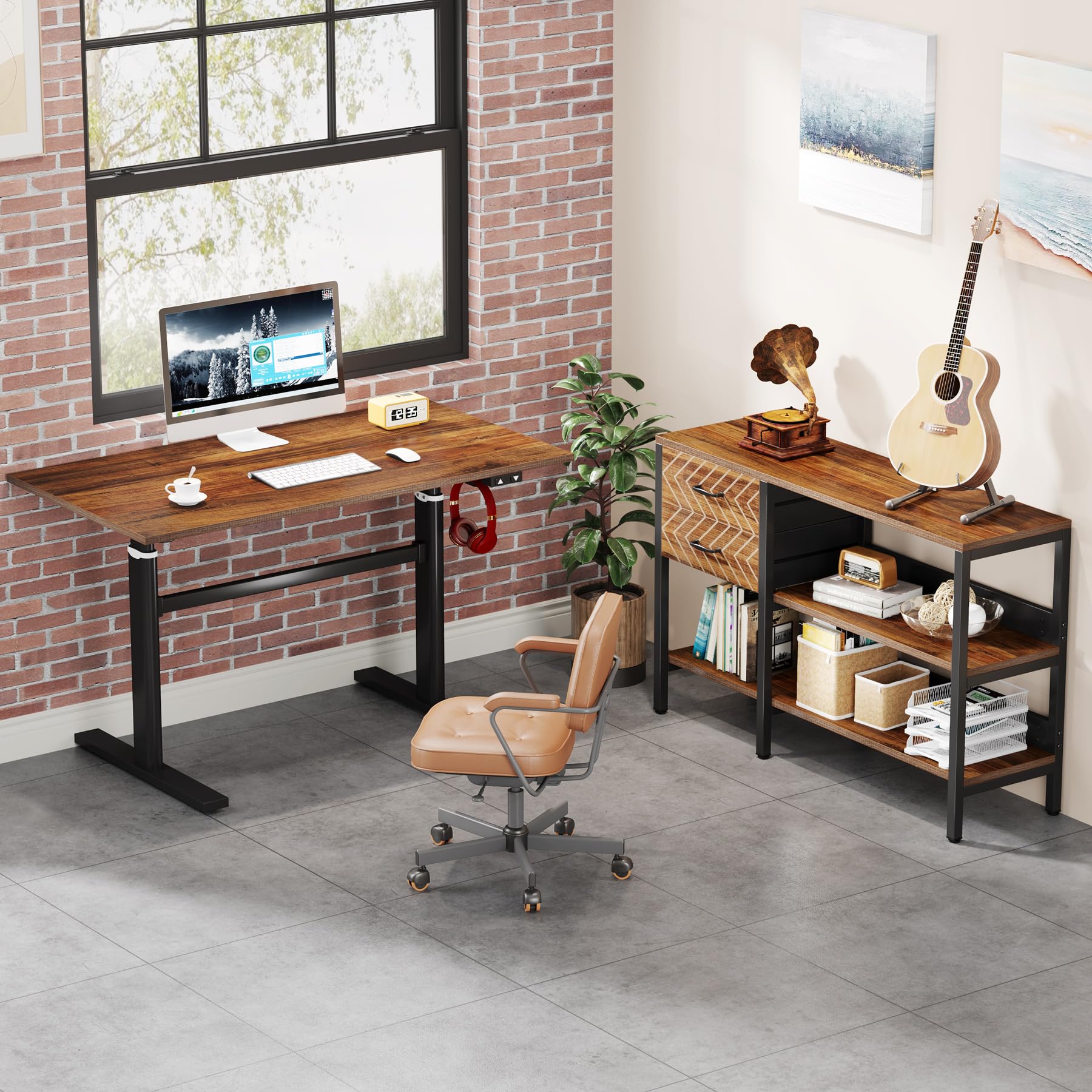 Tribesigns L Shaped Standing Desk with Storage Drawers, Height Adjustable Electric Standing Desk with Shelves & Hooks, Ergonomic Sit Stand Up Computer Desk Workstation for Home Office,Brown