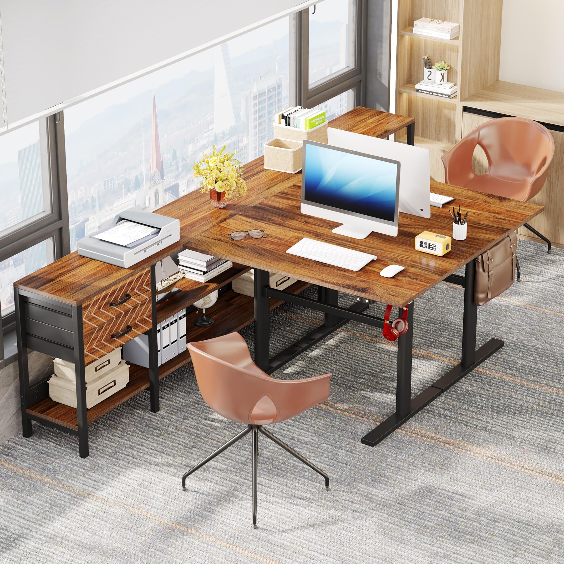 Tribesigns L Shaped Standing Desk with Storage Drawers, Height Adjustable Electric Standing Desk with Shelves & Hooks, Ergonomic Sit Stand Up Computer Desk Workstation for Home Office,Brown