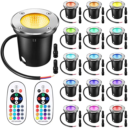 16 Pack 10W Low Voltage Landscape Lights with 32 Connectors and 2 Remotes, RGBW Colored LED Well Lighting 12V-24V Waterproof Outdoor In Ground Lights for Garden Pathway Deck Lights