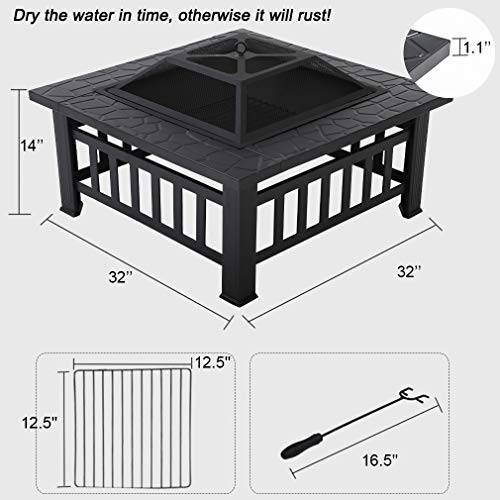 Vnewone 32'' Outdoor Fire Pit Metal Square Firepit Patio Stove Wood Burning for Backyard Garden Camping Picnic Bonfire with Spark Screen Cover, Log Grate, Poker,32" L32 W 14”, Black