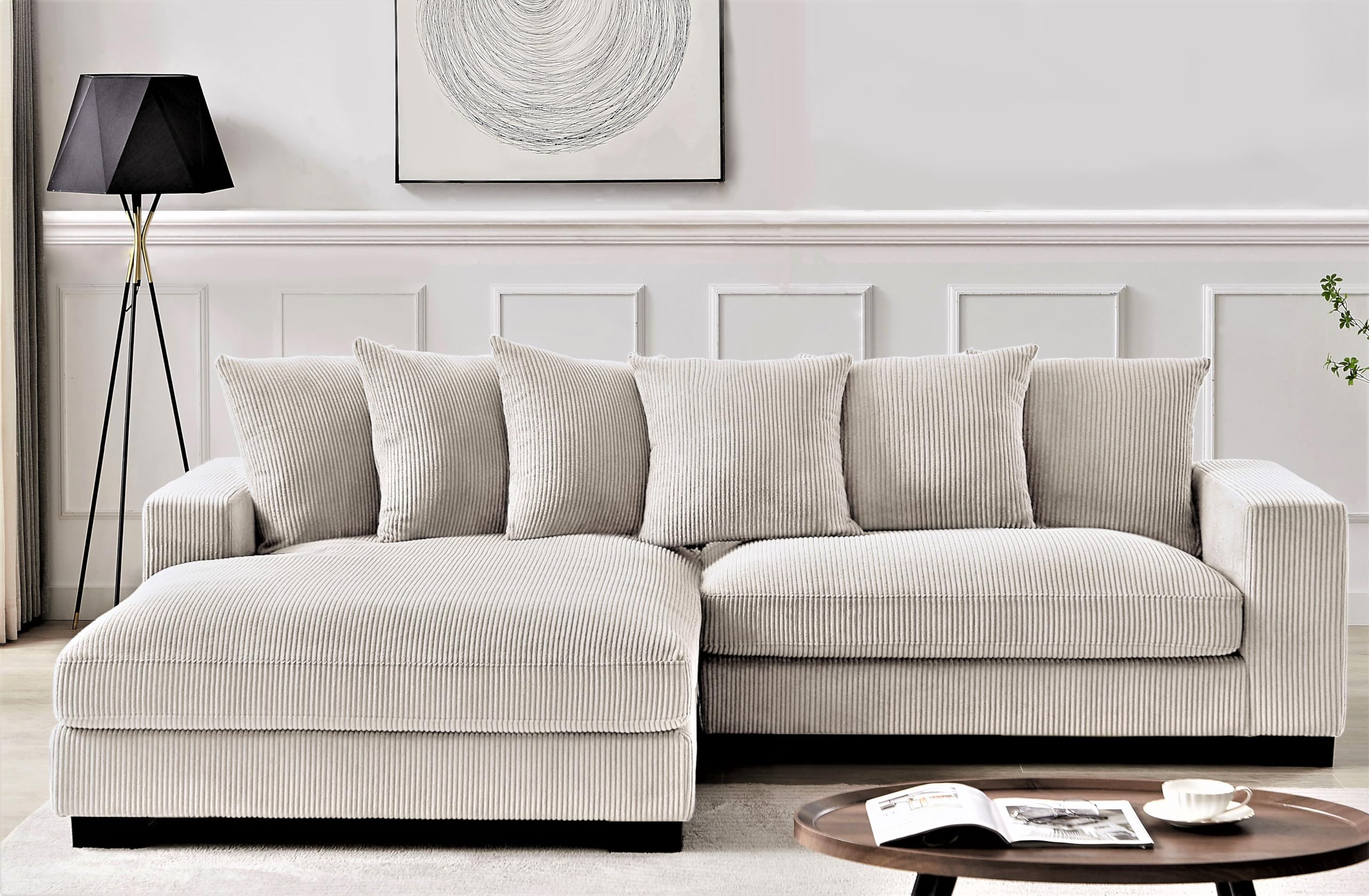 Container Furniture Direct Luxe Oversized Two-Piece Sectional Couches for Living Room, 102.4-Inch L Shaped Sofa with Chaise, Upholstered with Corduroy Fabric, Ivory - Left Facing