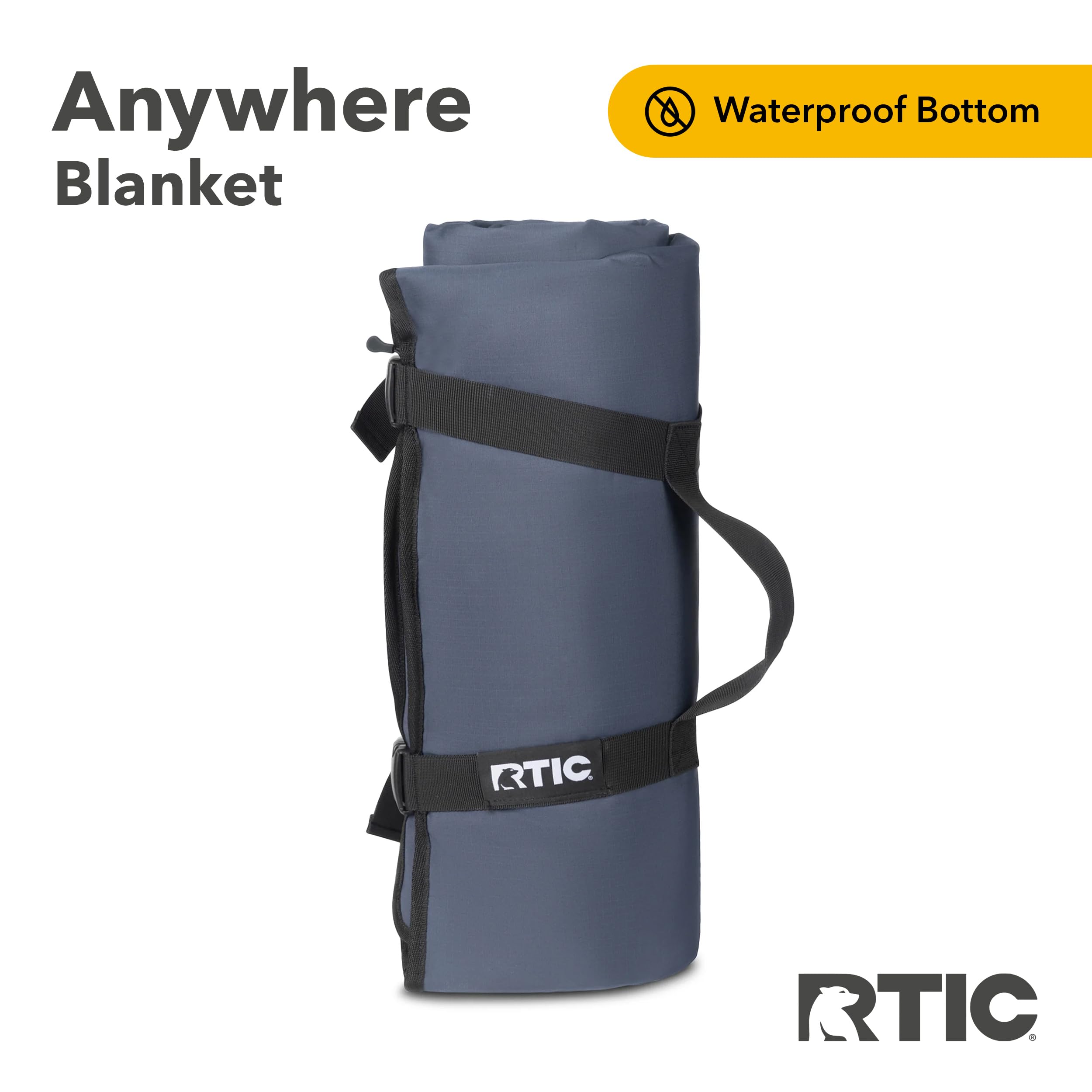 RTIC Anywhere Blanket, Waterproof Portable, Quilted Outdoor Mat for Picnic, Beach, Camping, Grass, Park, Play-Time, Pets, Stain Resistant Machine Washable, Includes 4 Stakes, 54.5" x 78.5", Coal