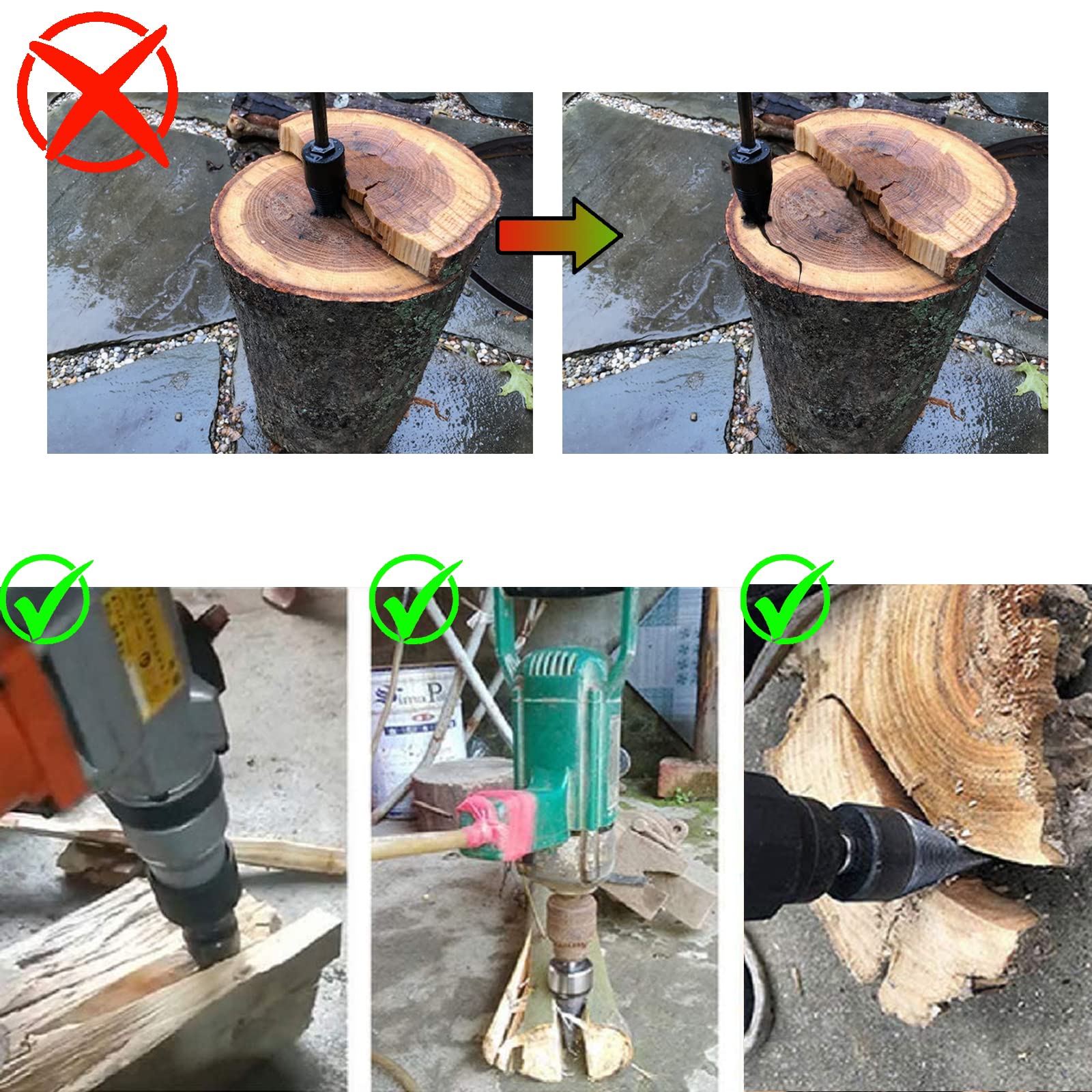 Firewood Log Splitter, Easy Log Splitting Drill Bits Heavy Duty Electric Drills Screw Cone Driver Tools Split Wood with Glove & 3 Screw for Hand Drill Stick Hex+Square+Round(32mm/1.26inch)