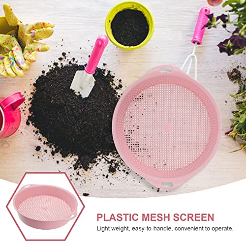 Yardwe Garden Sieve,1PC Plastic Mesh Soil Sieve Mesh Screen with Handle, Sifting Pan for Home Plant Gardening Round Shaped (Pink)