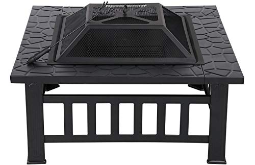 Topeakmart Outdoor Metal Fire Pit Table Multifunctional Backyard Patio Garden Square Stove, 32in Diameter Wood Burning Fireplace with Waterproof Cover