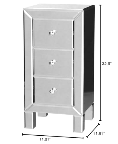 yoyomax Mirrored Nightstand, 3-Drawer Mirrored End Table with Crystal Style Knobs, Modern Mirrored Bedside Table for Bedroom, Living Room - 11.7" L x 11.8" W x 23.8" H - Silver
