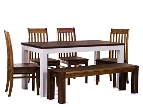 B.R.A.S.I.L.-Möbel TableChamp Dining Table Set for Four Rio Pine with Bench and Two Chairs Oak Antique White Solid Wood
