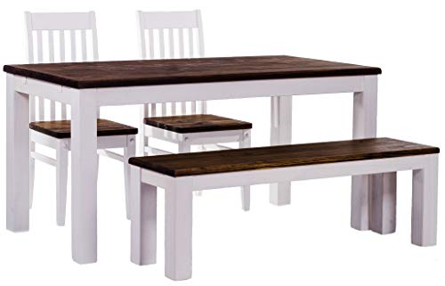 B.R.A.S.I.L.-Möbel TableChamp Dining Table Set for Four Rio Pine with Bench and Two Chairs Oak Antique White Solid Wood