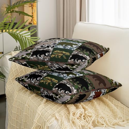 Bear Pillow Cover,Camouflage Plaid Print Double Sides Print Pillowcase Soft Square Cushion Case,Wildlife Animal Hunting Camo Print Throw Pillow Cover,2 Pack 16"x16"
