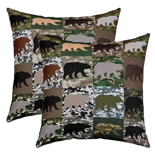 Bear Pillow Cover,Camouflage Plaid Print Double Sides Print Pillowcase Soft Square Cushion Case,Wildlife Animal Hunting Camo Print Throw Pillow Cover,2 Pack 16"x16"
