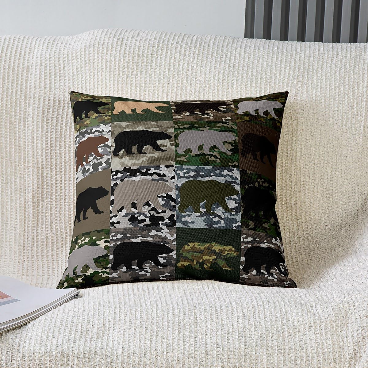 Castle Fairy Bear Pillow Cover,Wildlife Animal Hunting Camo Print Pillowcase Soft Square 18"x18" Cushion Case,Camouflage Plaid Print Throw Pillow Cover Single Pack for Room Decor Double Sides Print