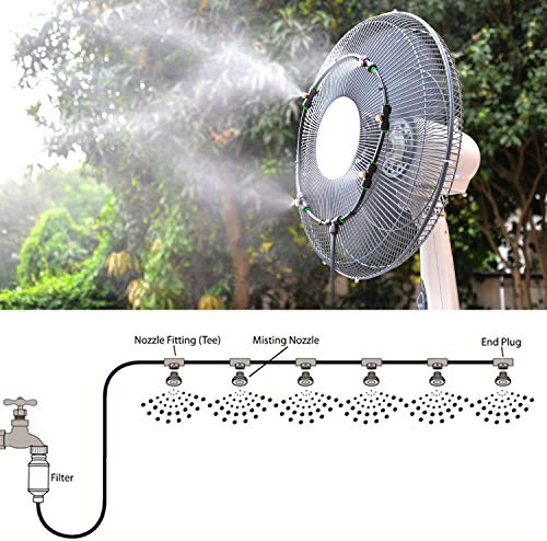 iRuiZhe Outdoor Fan Mist Cooling System Kit for Patio Fan Garden Greenhouse 19.6FT(5.9M) Misting Line & 5 Metal Mist Nozzles + Galvanized Solid Brass Adapter Suitable