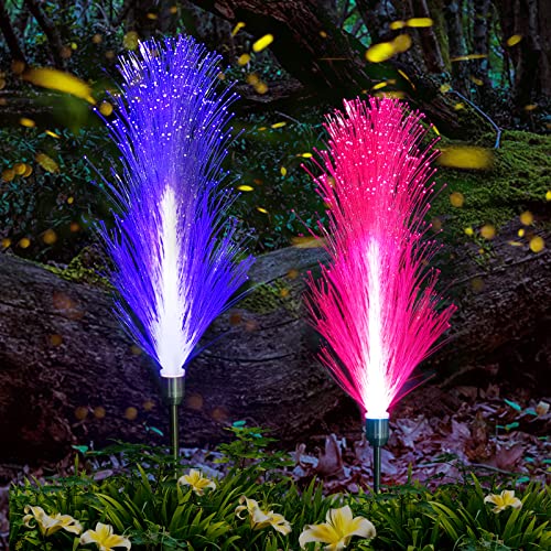 Neporal Solar Garden Lights Outdoor Decorative,7 Color Changing Fiber Optic Lights, 2 Pack Solar Lights Flowers Powered Ip65 Waterproof, Garden Stakes Decorative Lights for Yard Path