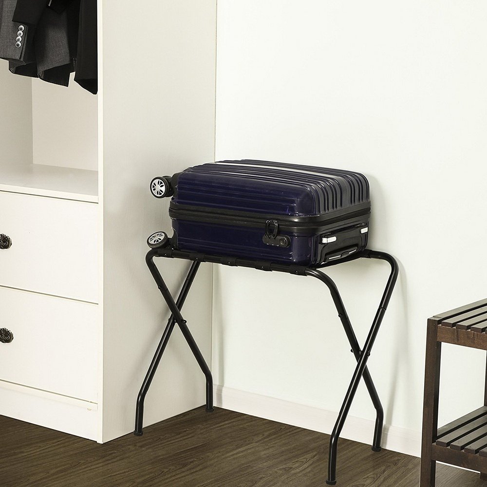 COOBL Folding Luggage Rack Collapsible Metal Suitcase Stand with Nylon Straps,for Home Bedroom,Hotel,Max Weight 100 lbs,Black