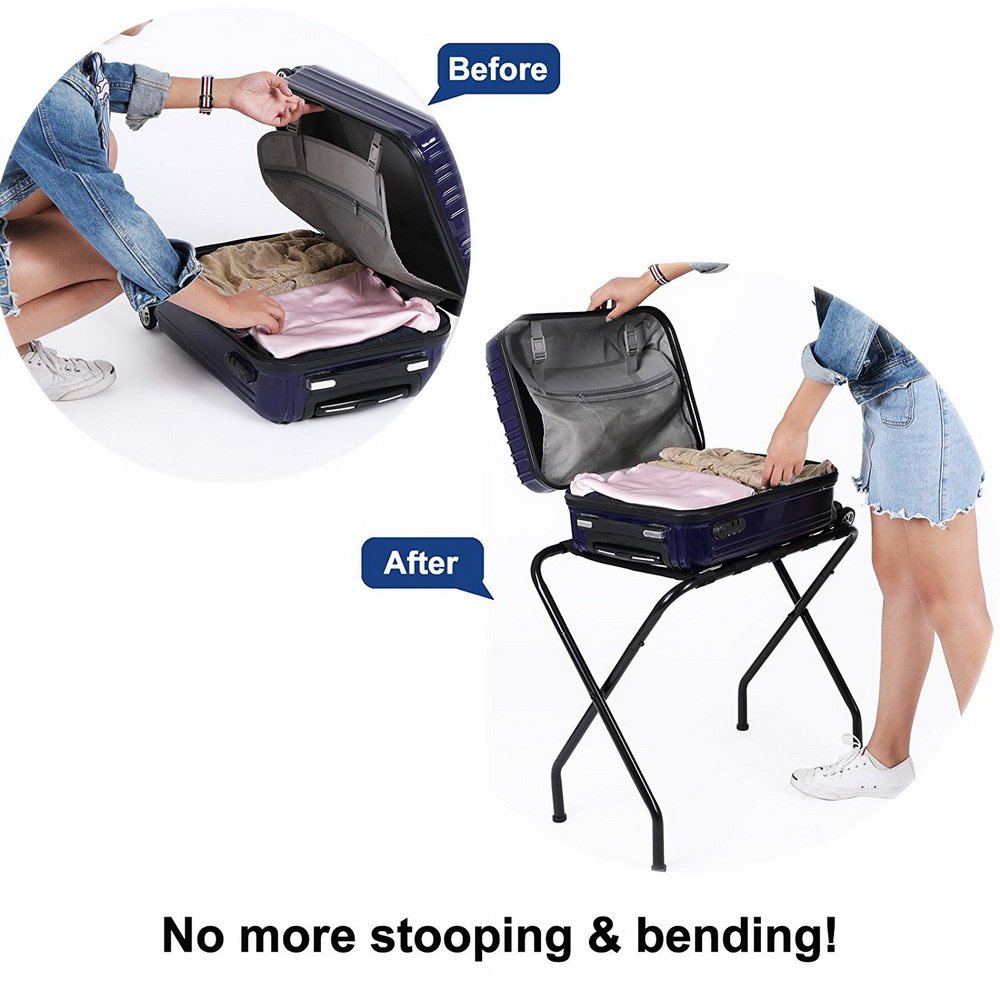 COOBL Folding Luggage Rack Collapsible Metal Suitcase Stand with Nylon Straps,for Home Bedroom,Hotel,Max Weight 100 lbs,Black