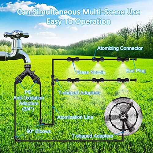 Misting Systems, Misters for Outside Patio, 100 FT Misting Cooling System + 30 Sets Brass Mister System + 2 PE Antioxidant Adapters(3/4")+ 2 Tee Adapters + 2 90 Degree Elbows and (Additional Accessories)for Pasture, Garden, Greenhouse, Gazebo.