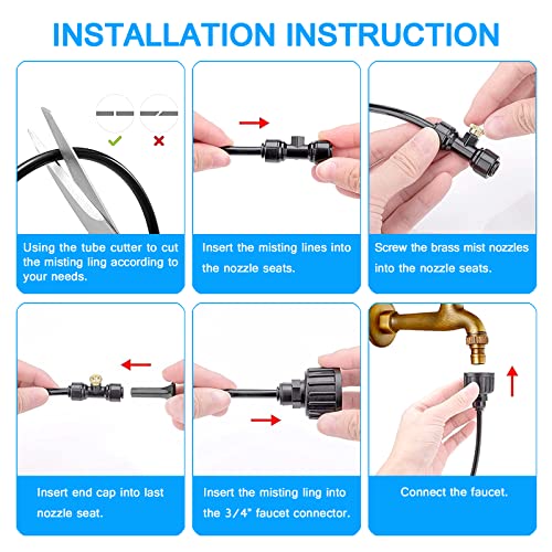 Misting Systems, Misters for Outside Patio, 100 FT Misting Cooling System + 30 Sets Brass Mister System + 2 PE Antioxidant Adapters(3/4")+ 2 Tee Adapters + 2 90 Degree Elbows and (Additional Accessories)for Pasture, Garden, Greenhouse, Gazebo.