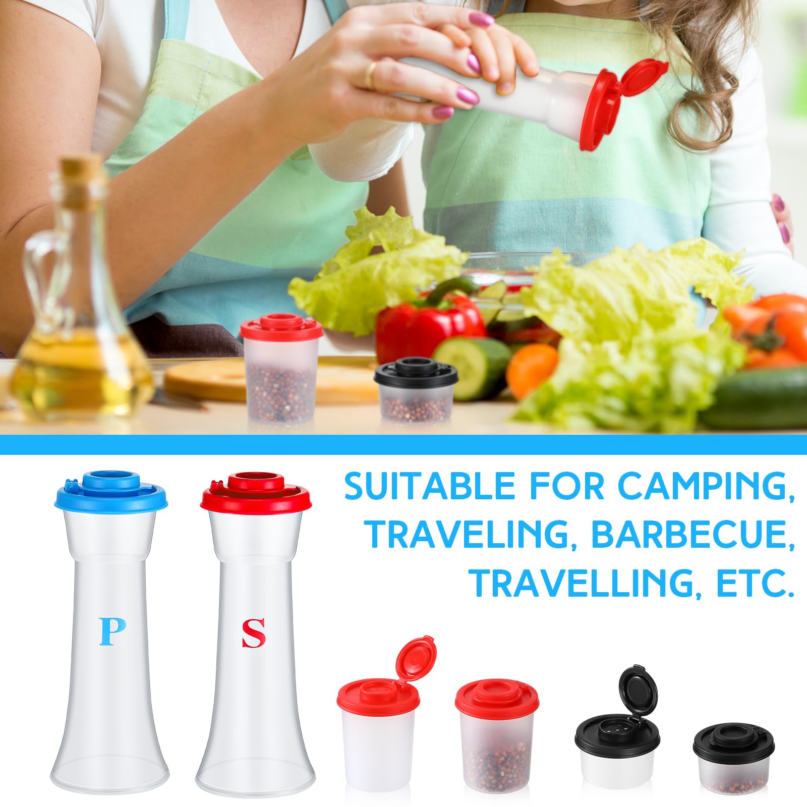 Baderke 6 Pcs Salt and Pepper Shaker Set Hourglass Plastic Salt and Pepper Shakers with Lids Airtight Spice Jar Dispenser for Restaurant Kitchen Camping Outdoor, 3 Sizes