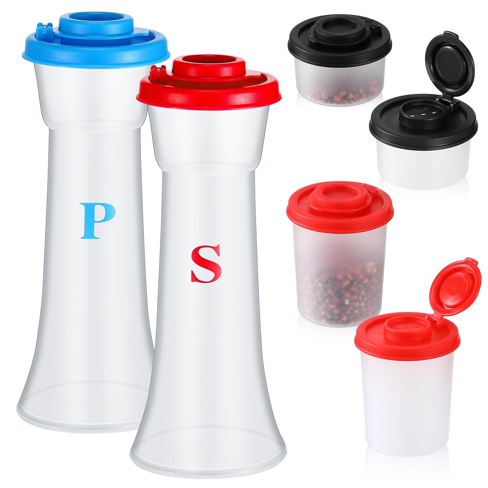 Baderke 6 Pcs Salt and Pepper Shaker Set Hourglass Plastic Salt and Pepper Shakers with Lids Airtight Spice Jar Dispenser for Restaurant Kitchen Camping Outdoor, 3 Sizes