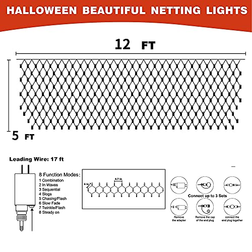 FUNPENY Halloween 360 LED Net Lights, 12ft x 5ft 8 Modes Waterproof Connectable Halloween Decorations for Outdoor Garden Party Decor (Orange)