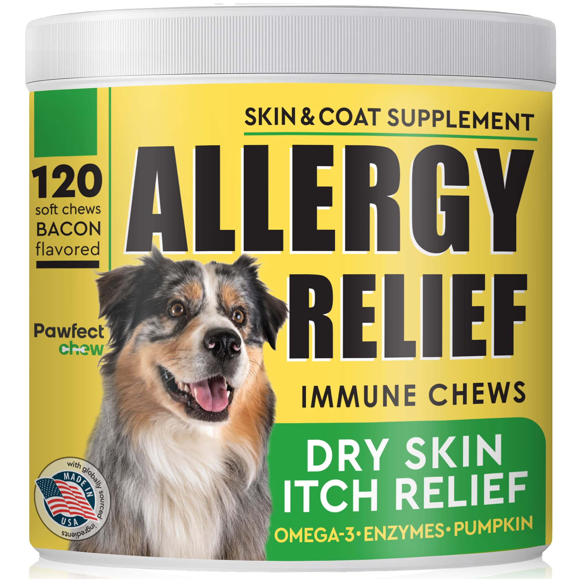 Pawfect Dog Allergy Relief Chews - Anti-Itch Skin Coat Supplement - Itchy Skin Relief Treatment Pills w/ Omega 3 Fish Oil - Itching & Paw Licking - Dry Skin & Hot Spots - 120 Immune Treats - Bacon