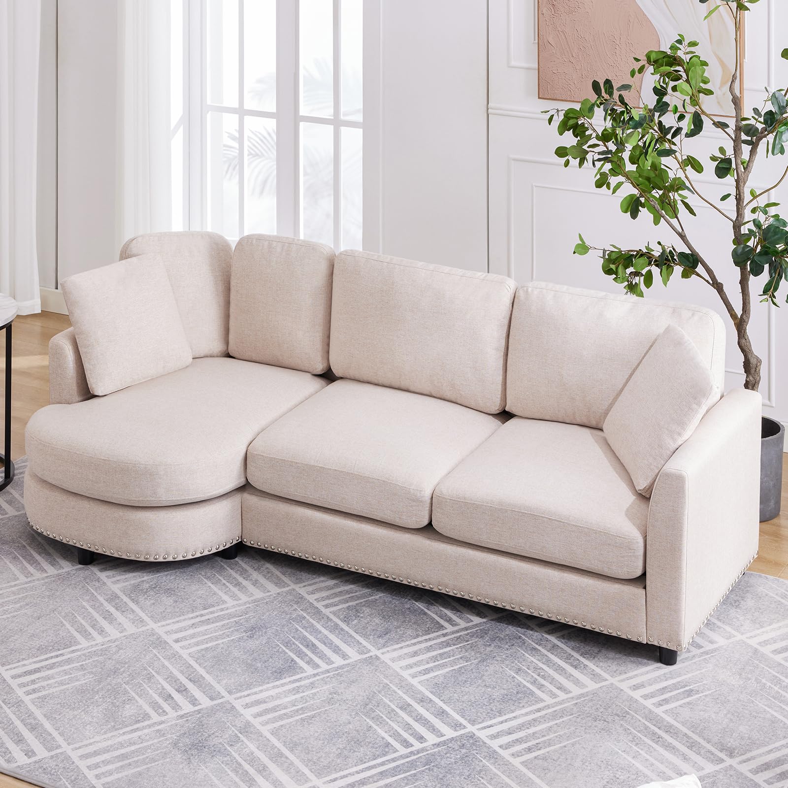 Mjkone Curved Small Cloud Couch, 3-Seat Living Room Minimalist Style Comfy Sectional Sofa, Modern Linen Fabric L Shaped Sofa Couch with Chaise for Apartment Office, Beige
