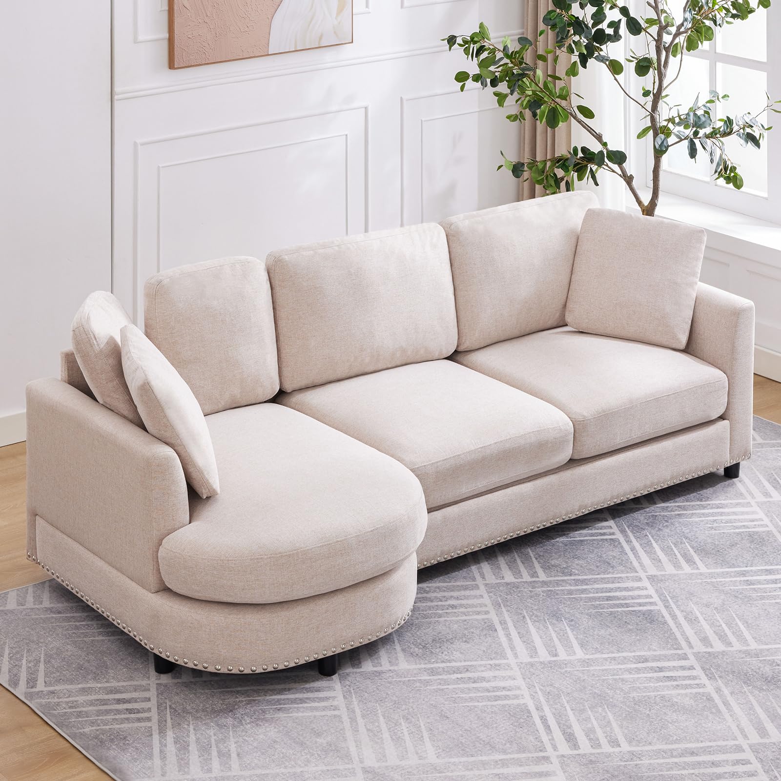 Mjkone Curved Small Cloud Couch, 3-Seat Living Room Minimalist Style Comfy Sectional Sofa, Modern Linen Fabric L Shaped Sofa Couch with Chaise for Apartment Office, Beige