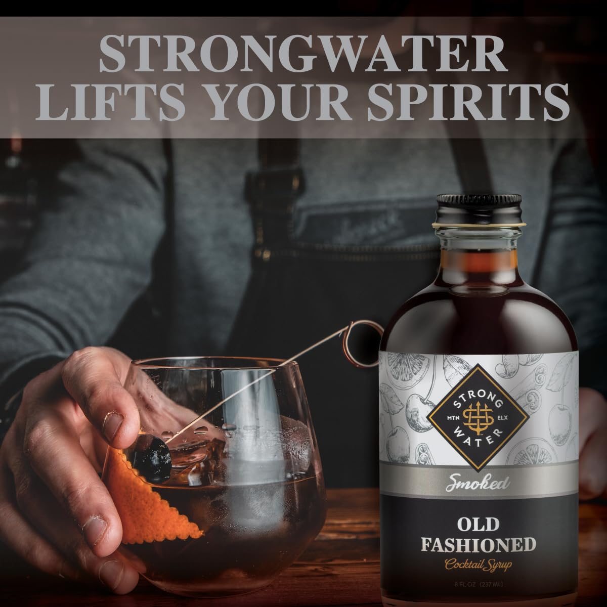 Strongwater Smoked Old Fashioned Craft Cocktail Mixer - Makes 32 Cocktails - Handcrafted Old Fashioned Syrup with Lapsang Souchong Tea, Sugar, Citrus & Cherry - Just Mix with Bourbon or Whiskey