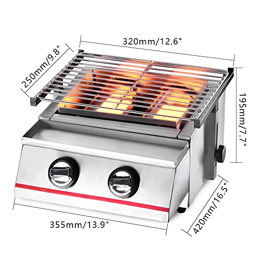 2 Burner Gas Tabletop Griddle, Commercial Gas BBQ Grill 2800Pa Stainless Steel Gas Grill for Outdoor Camping Party Tailgating (2-Burner)