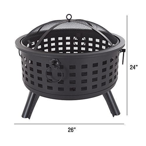Fire Pit Set, Wood Burning Pit - Includes Spark Screen and Log Poker - Great for Outdoor and Patio, 26β Round Metal Firepit by Pure Garden