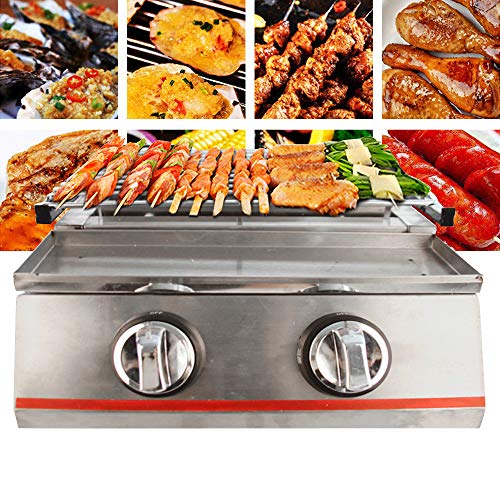 2 Burner Gas Tabletop Griddle, Commercial Gas BBQ Grill 2800Pa Stainless Steel Gas Grill for Outdoor Camping Party Tailgating (2-Burner)