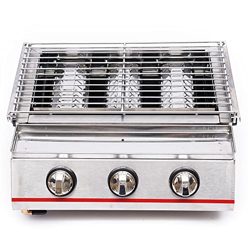 3 Burner Gas Tabletop Griddle, Commercial Gas BBQ Grill 2800Pa Stainless Steel Gas Grill for Outdoor Camping Party Tailgating (3-Burner)