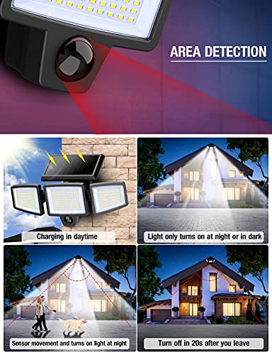 Outdoor Solar Powered Flood Lights with Movement Detection, 210 LED 2500LM 6500K, IP65 All-Weather Resistance, 3 Adjustable Heads, 270° Wide Angle, Light for Garage Patio Porch Garden Yard - 2 Pcs