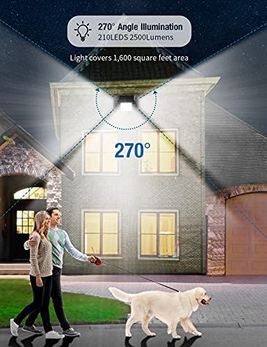 Outdoor Solar Powered Flood Lights with Movement Detection, 210 LED 2500LM 6500K, IP65 All-Weather Resistance, 3 Adjustable Heads, 270° Wide Angle, Light for Garage Patio Porch Garden Yard - 2 Pcs