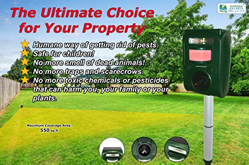 GARDEN SECRETS (2023 Version) Compact Solar Ultrasonic Animal Repellent. Skunk Raccoon Deer Coyote Cat Rat Mice etc Deterrent. Keep Pests Away from Your Property Within 2-4 Weeks. (Green, 3 Pack)