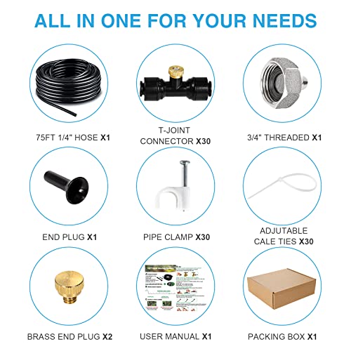 Misters for Outside Patio, 59 FT Misting Cooling System for Patio, 59FT (18 M) Misting Line+20 Mist Nozzles+3/4" Brass Adapter, Outdoor Misters for Patio, Garden, Greenhouse, Trampoline for Waterpark