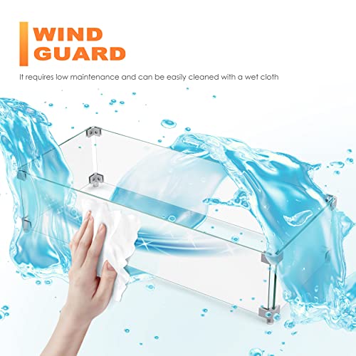 Nuu Garden 27.6'' x 11.7'' x 6.5" Rectangular Fire Pit Wind Guard, Transparent Tempered Glass, Polished Aluminum Brackets, 3M Anti-Slip Pads, Fit for Best Choice 52-inch Fire Table WG01