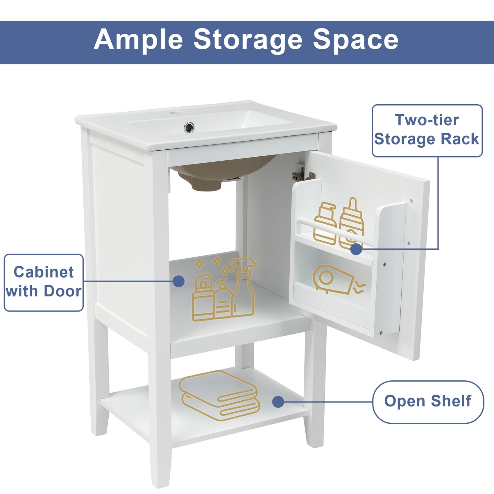 ANTSKU 20 Inch Small Bathroom Vanity with Sink Combo, Modern Single Sink Vanity with Top, Wood Bathroom Cabinet with Ceramic Sink, Soft Closing Door, Storage Rack and Open Shelf (White)