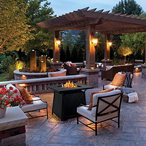 PHI VILLA 28 Inch Gas Fire Pit Table, 50000 BTU Square Outdoor Propane Fire Pit Table with Lid and Blue Fire Glass for Patio, Backyard and Garden, Black
