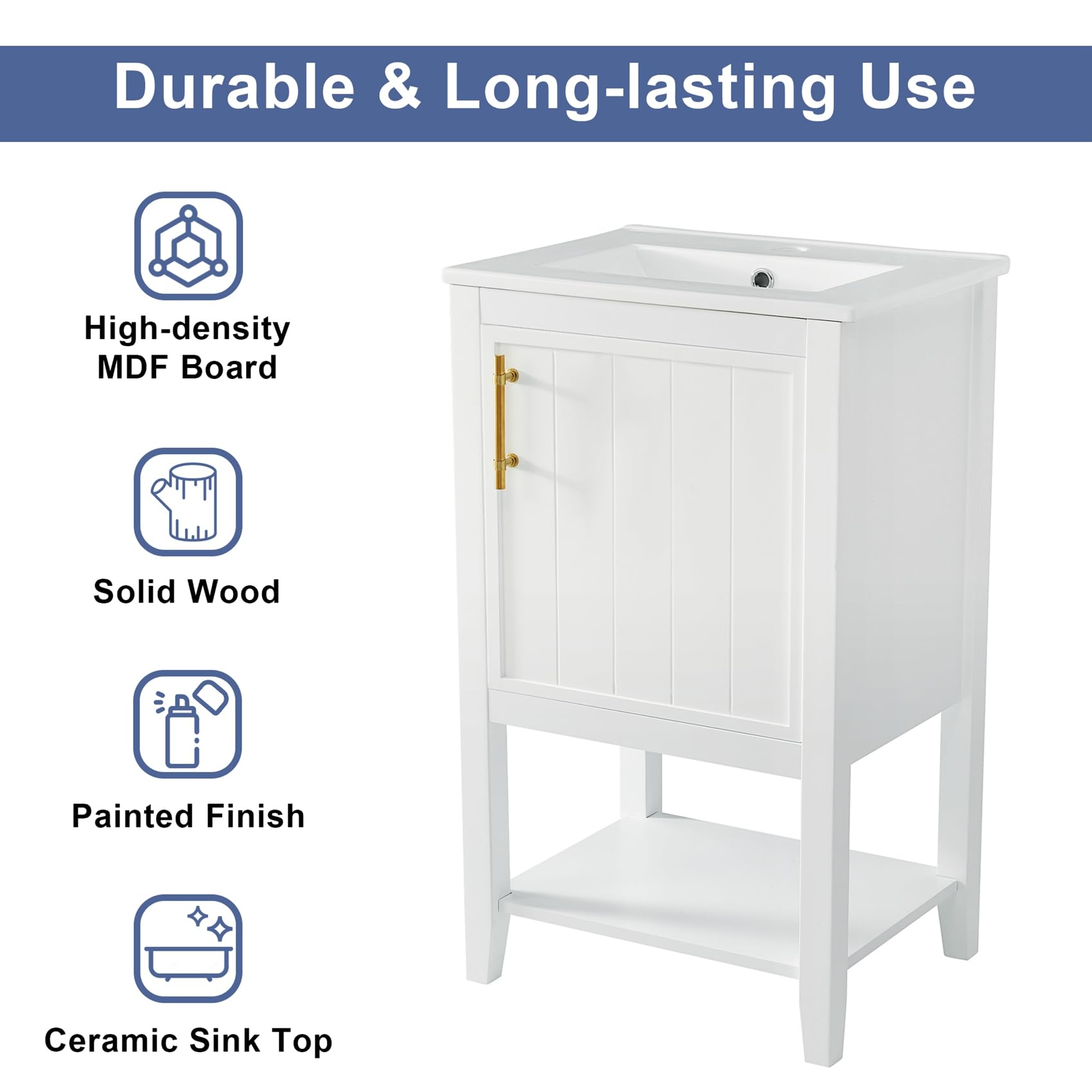 ANTSKU 20 Inch Small Bathroom Vanity with Sink Combo, Modern Single Sink Vanity with Top, Wood Bathroom Cabinet with Ceramic Sink, Soft Closing Door, Storage Rack and Open Shelf (White)