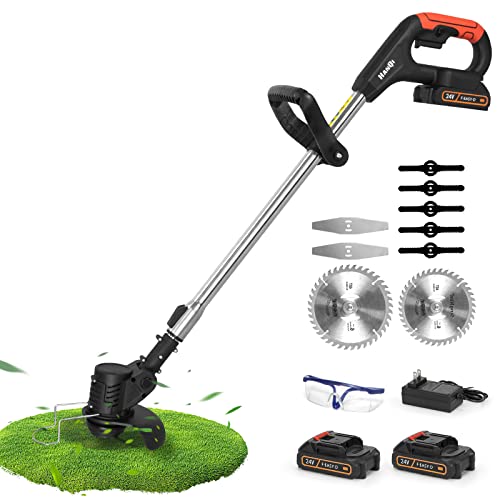 Electric Cordless Weed Wacker,24V 2Ah Battery Powered Weed Eater with 2 Batteries and 3 Types Blades,Lightweight and Powerful String Trimmer for Yard and Garden(Black)