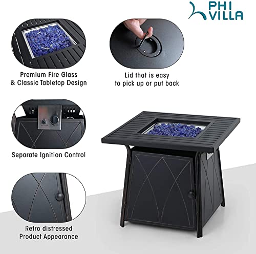 PHI VILLA 28 Inch Gas Fire Pit Table, 50000 BTU Square Outdoor Propane Fire Pit Table with Lid and Blue Fire Glass for Patio, Backyard and Garden, Black