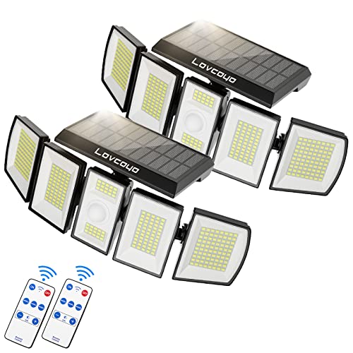 Lovcoyo Solar Outdoor Lights, Motion Sensor Security Lights IP65 Waterproof with Remote Control Wireless,5 Heads 300 LED Outdoor Flood Lights 360° Illumination with 3 Modes for Garage Yard Garden