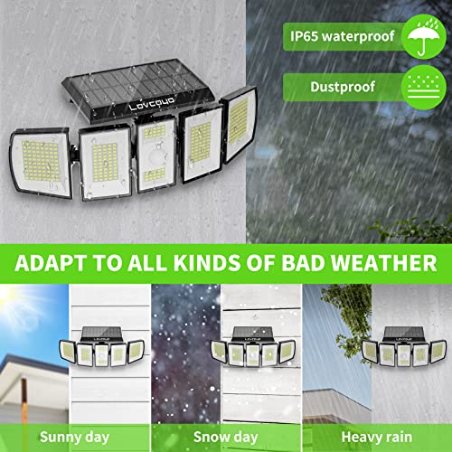 Lovcoyo Solar Outdoor Lights, Motion Sensor Security Lights IP65 Waterproof with Remote Control Wireless,5 Heads 300 LED Outdoor Flood Lights 360° Illumination with 3 Modes for Garage Yard Garden