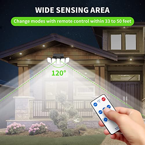 Lovcoyo Solar Outdoor Lights, Motion Sensor Security Lights IP65 Waterproof with Remote Control Wireless,5 Heads 300 LED Outdoor Flood Lights 360° Illumination with 3 Modes for Garage Yard Garden