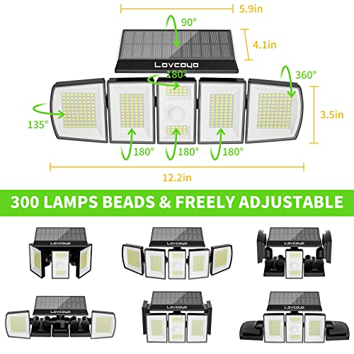 Lovcoyo Solar Outdoor Lights, Motion Sensor Security Lights IP65 Waterproof with Remote Control Wireless,5 Heads 300 LED Outdoor Flood Lights 360° Illumination with 3 Modes for Garage Yard Garden