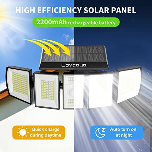 Lovcoyo Solar Outdoor Lights, Motion Sensor Security Lights IP65 Waterproof with Remote Control Wireless,5 Heads 300 LED Outdoor Flood Lights 360° Illumination with 3 Modes for Garage Yard Garden