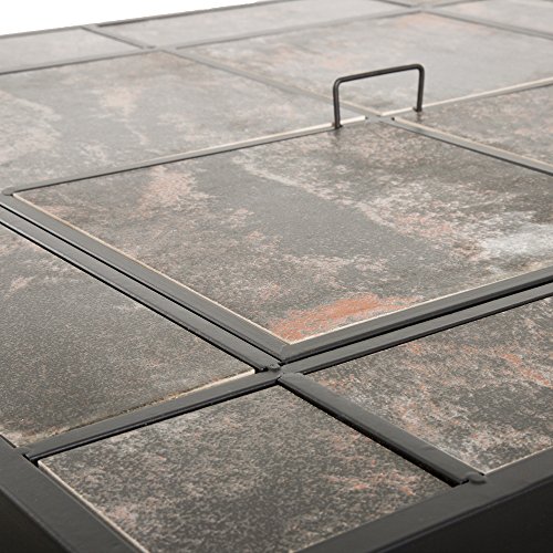 Fire Pit Set, Wood Burning Pit - Includes Screen, Cover and Log Poker - Great for Outdoor and Patio, 30 inch Square Marble Tile Firepit by Pure Garden, Black