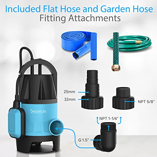 SereneLife Submersible Sump Pump for Pool Draining 400W 1/2HP 1981GPH Bonus 2 Fitting Attachments for USA Garden and Flat Hose, Clean Dirty Water, Auto Float Switch Garden, Yard, Swimming, Tub, Pond